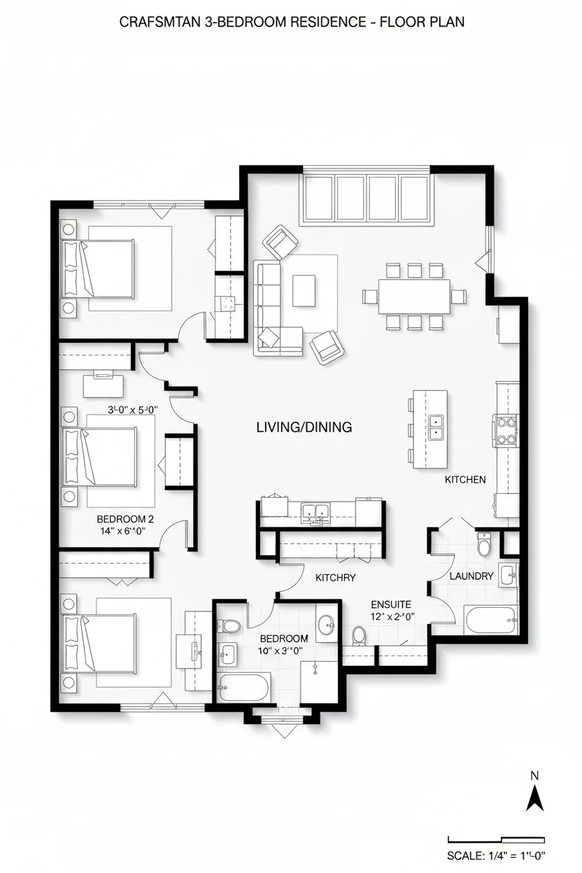 3 Bedroom Craftsman House Plan #1 | 1350 Sq Ft | Small House Plans